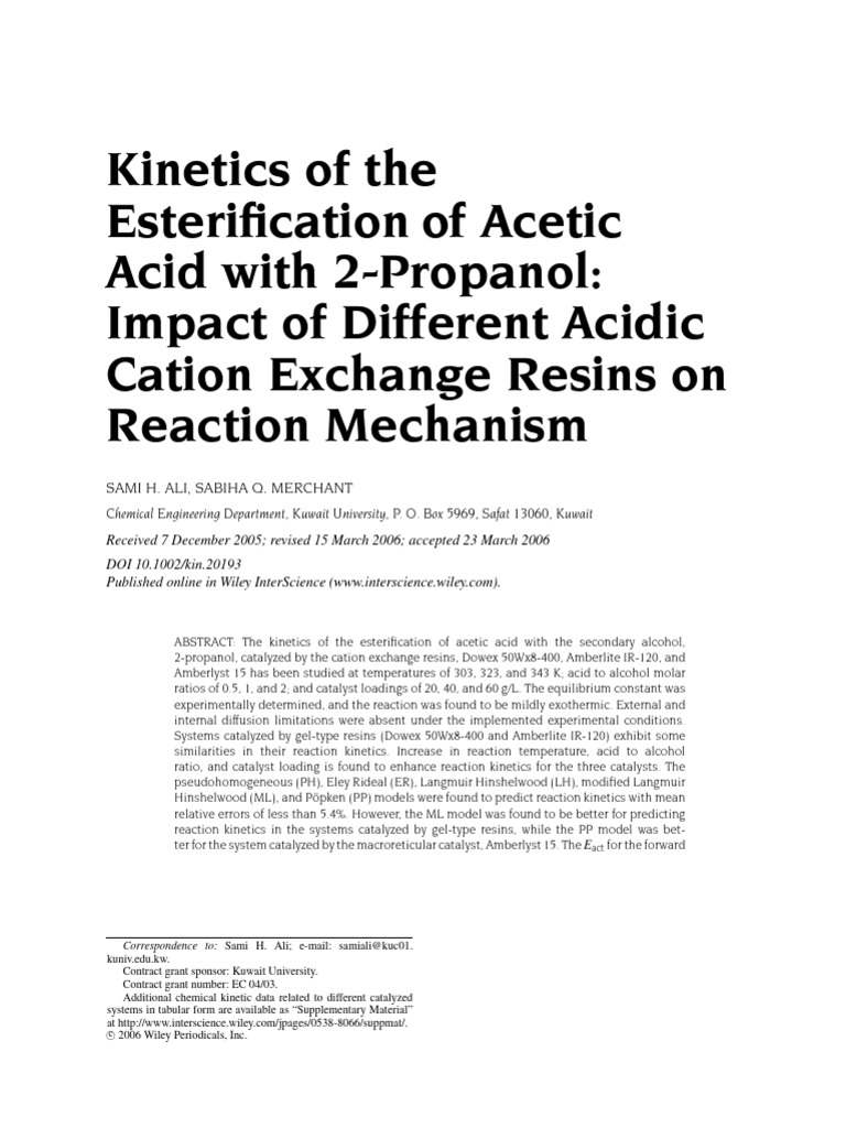 Kinetics of Acetic Acid Esterification | PDF | Adsorption | Catalysis