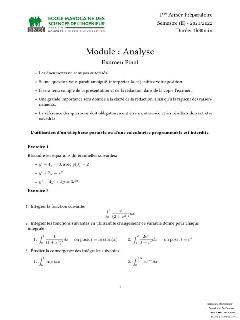 0 - Examen Analyse 2 Emsi s2 | PDF