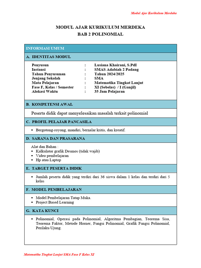 Modul Ajar Polinomial | PDF