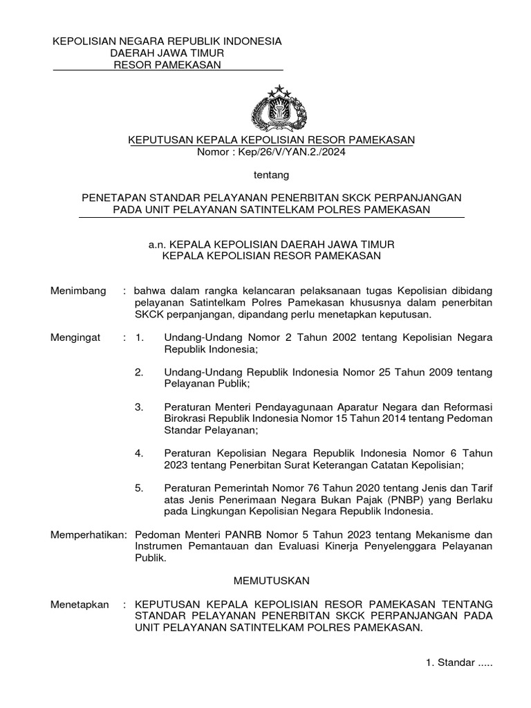 Kep Standar Pelayanan SKCK 2024 Perpanjangan-20240624093118 | PDF