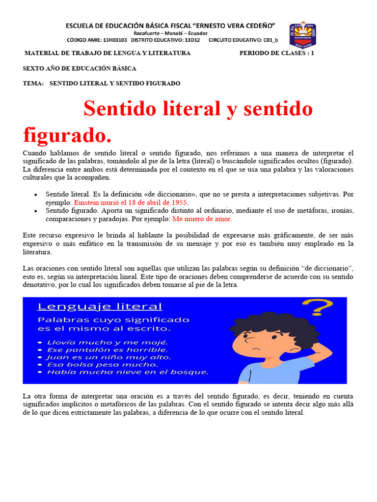 Material de Trabajo de Lengua y Literatura Sentido Literal y Sentido ...