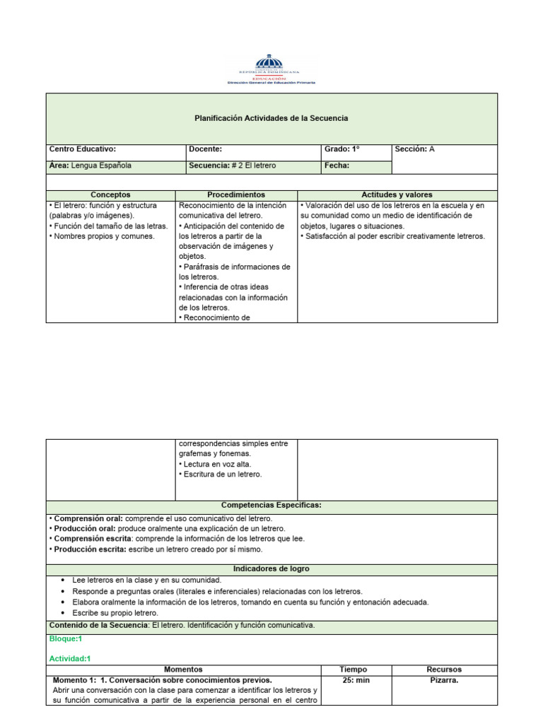 Actividades sobre el Letrero en 1º Grado | PDF | Salón de clases ...