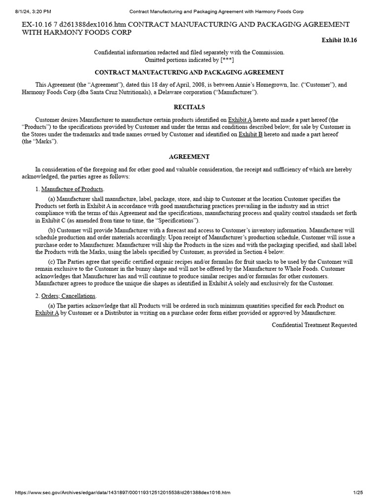 Contract Manufacturing and Packaging Agreement With Harmony Foods Corp ...