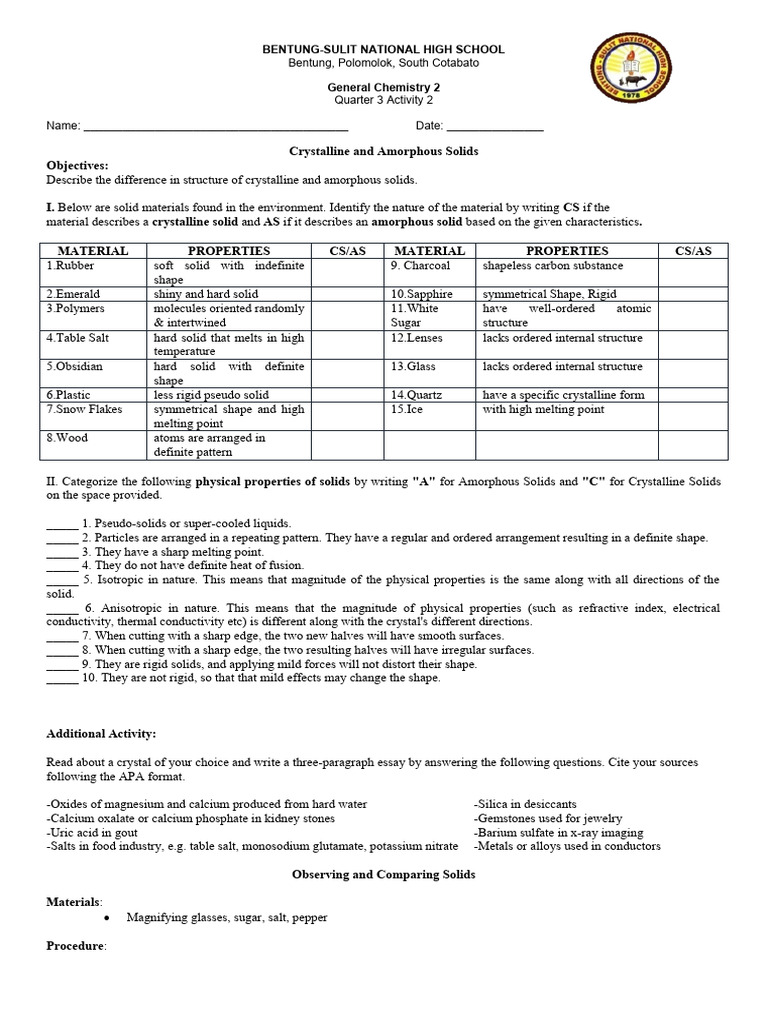 Crystalline vs Amorphous Solids Guide | PDF | Solid | Crystal