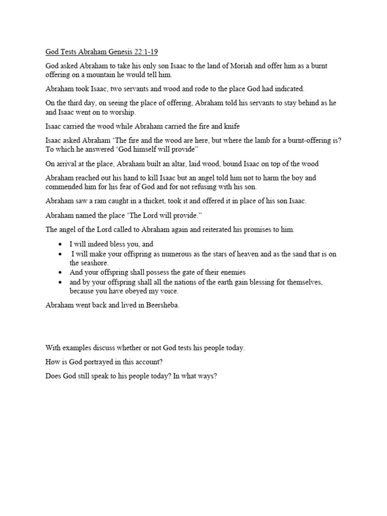 God Tests Abraham Gen 22 1-19 | PDF