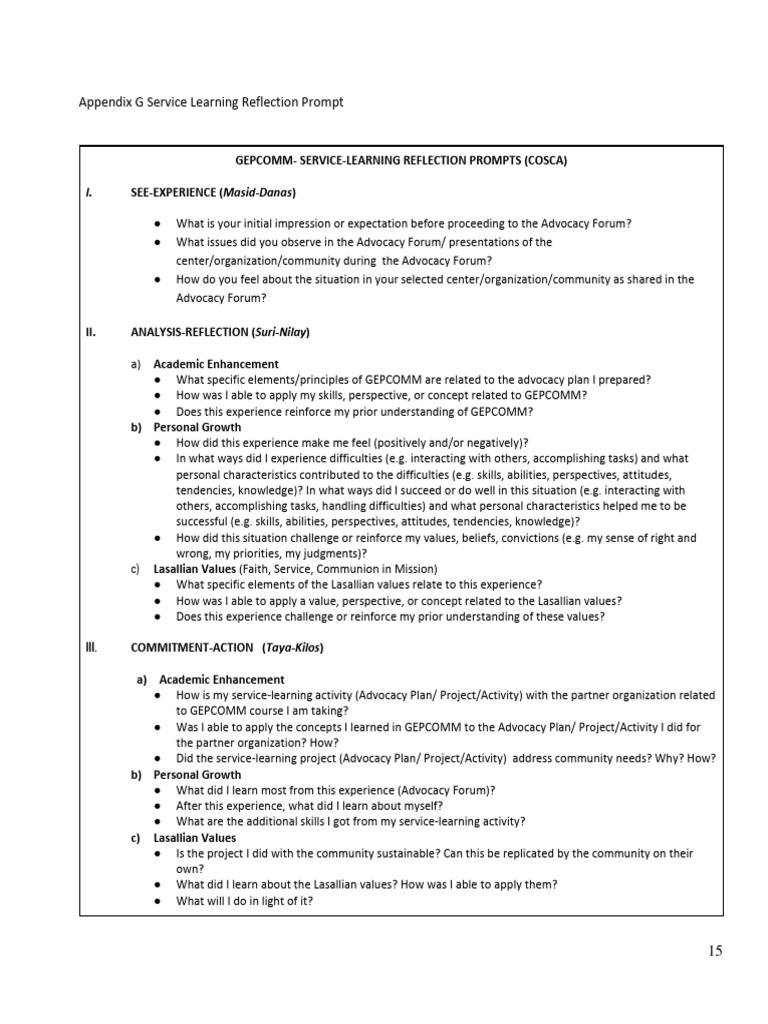 Service Learning Reflection Prompts | PDF | Service Learning | Experience