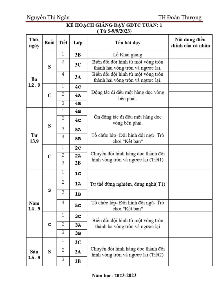Kế Hoạch Giảng Dạy Gdtc Tuần 1 | PDF