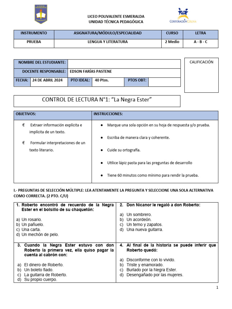 Control de Lectura: La Negra Ester | PDF