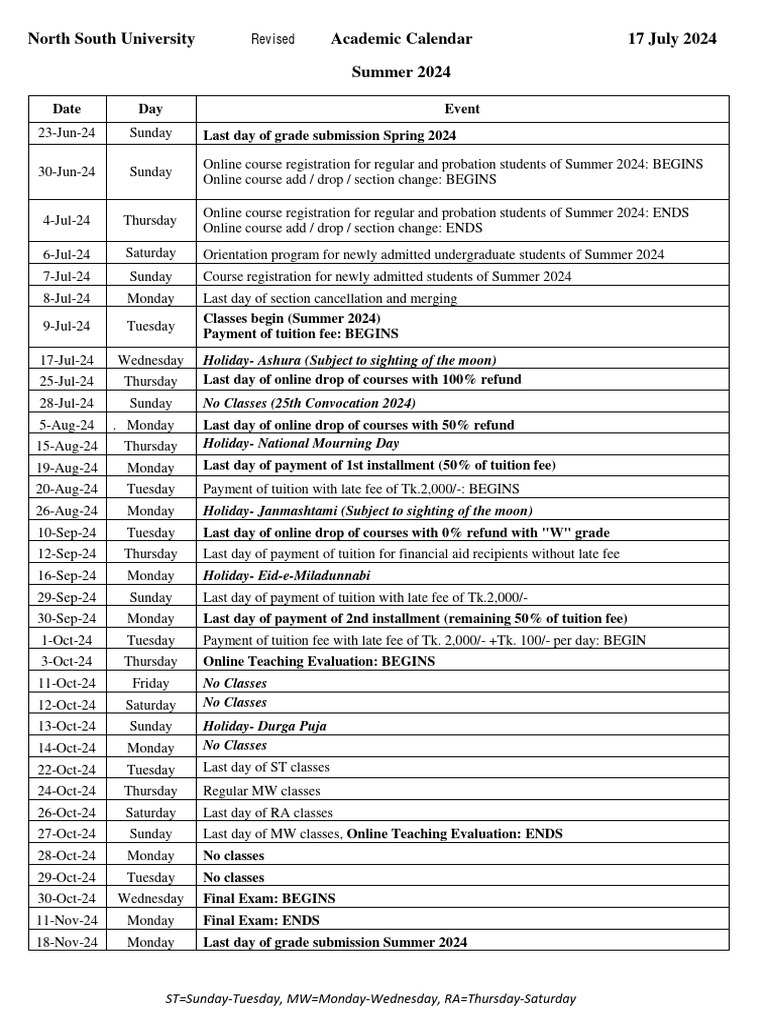 Academic Calendar Summer 2024 - 17 July 2024 | PDF | Academic Term | Fee