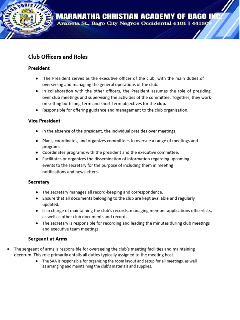 Club Officers and Roles 1 | PDF