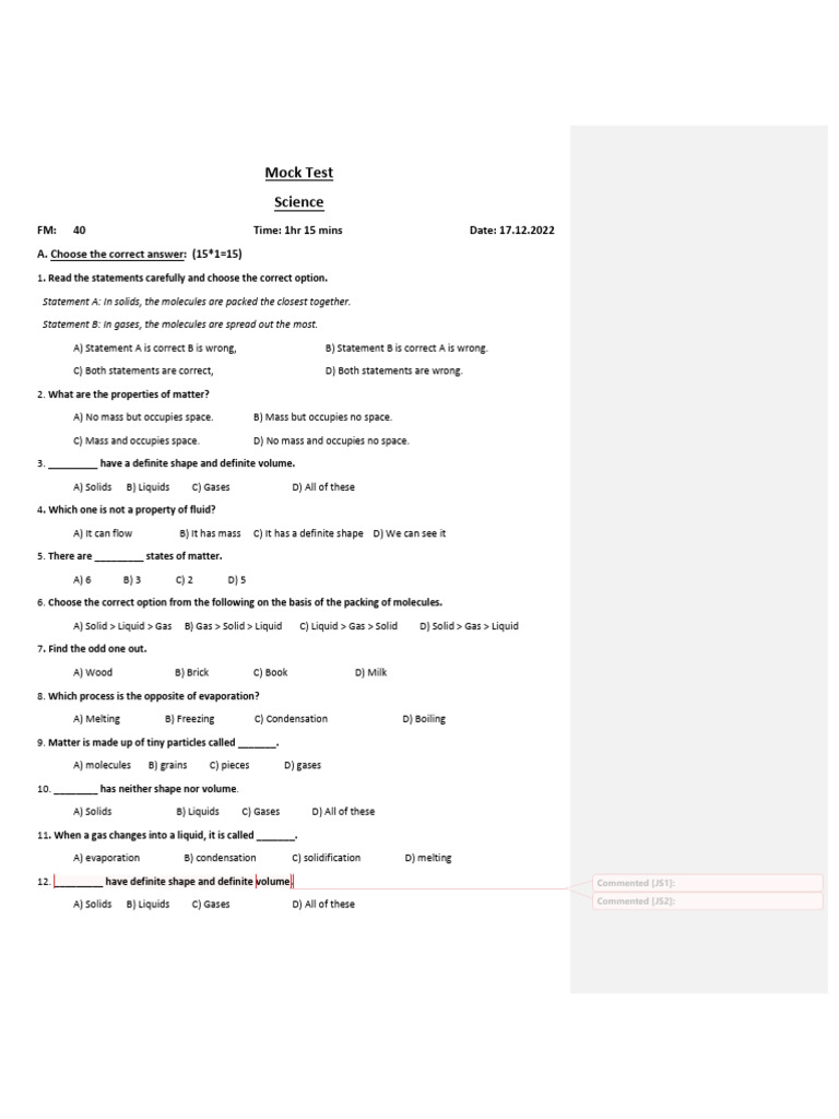 Science Mock Test Cbse Class4 | PDF | Liquids | Gases