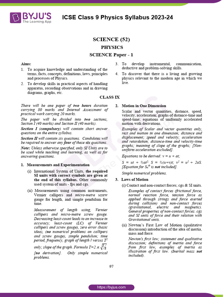 ICSE Class 9 Physics Syllabus 2023 24 | PDF | Force | Newton's Laws Of Motion