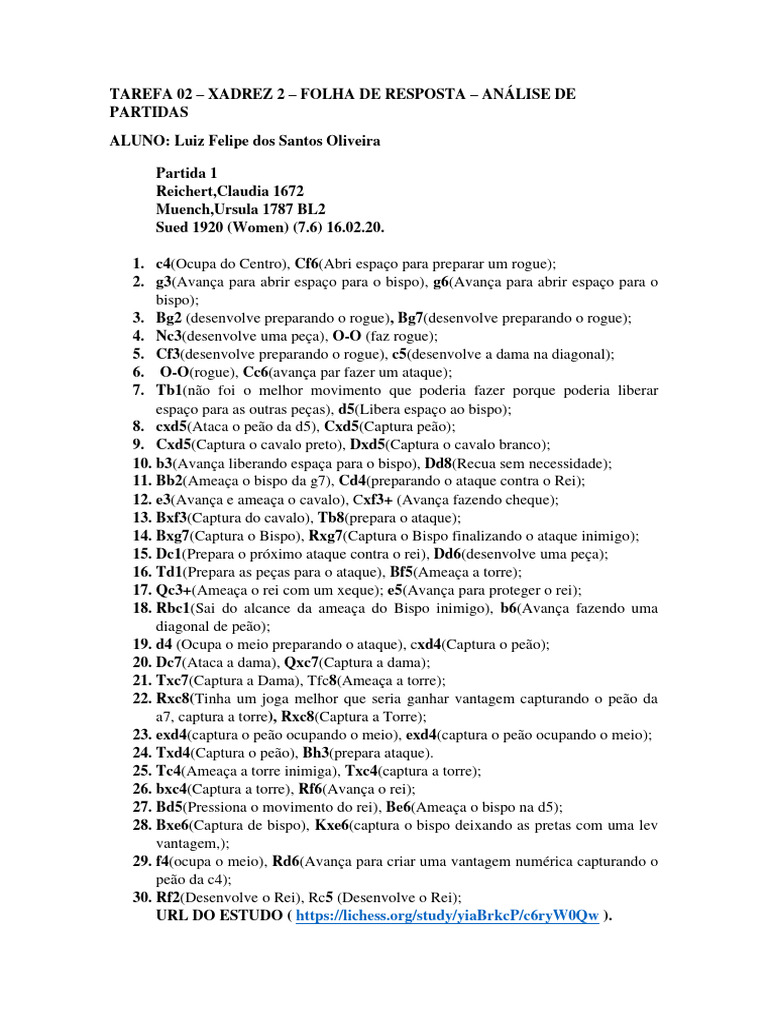 Tarefa 02 - Xadrez 2 - Folha de Resposta - Análise de Partidas | PDF ...