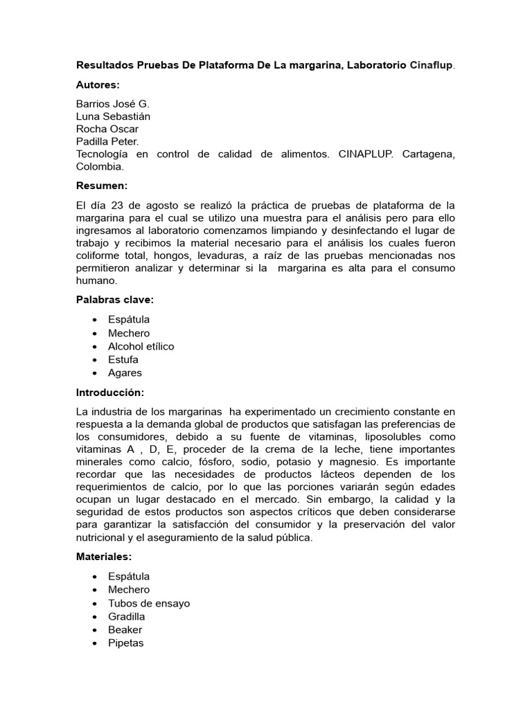 Pruebas de Calidad en Margarina | PDF | Productos lácteos