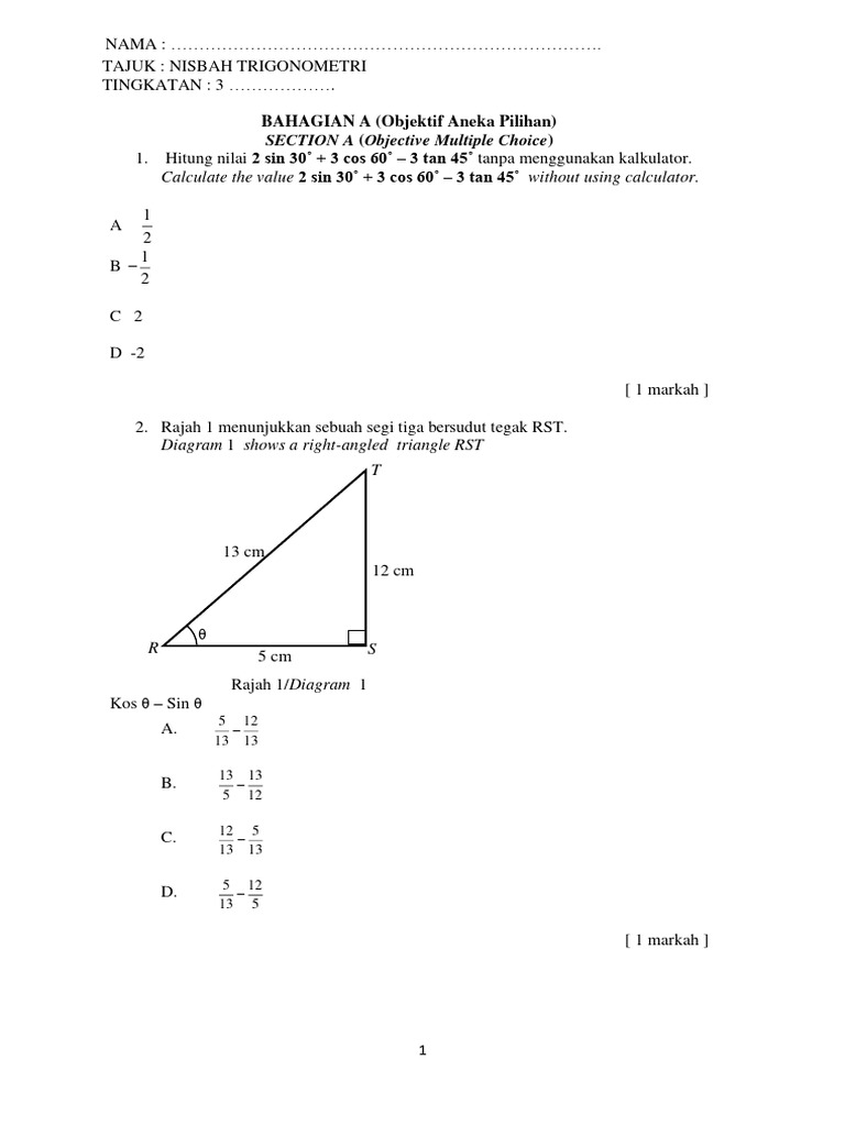 Format Latihan NISBAH TRIGONOMETRI TINGKATAN 3 | PDF