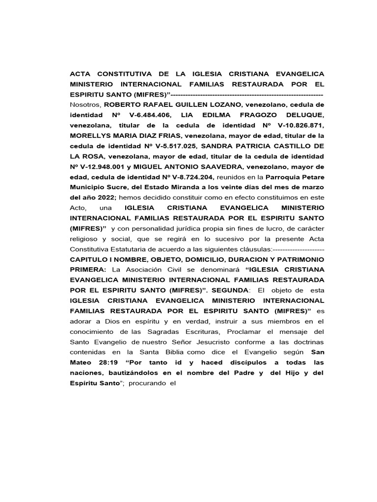 ACTA CONSTITUTIVA IGLESIA CRISTIANA EVANGELICA PASTOR GUILLEN Corregida 1 | PDF | Iglesia ...