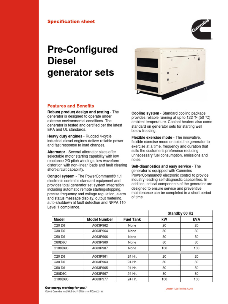 Cummins Diesel Spec Sheet | PDF | Electric Power | Electrical Engineering