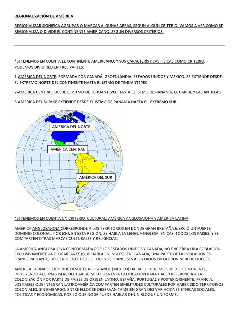 Regionalización de América: Criterios y Divisiones | PDF | Américas ...