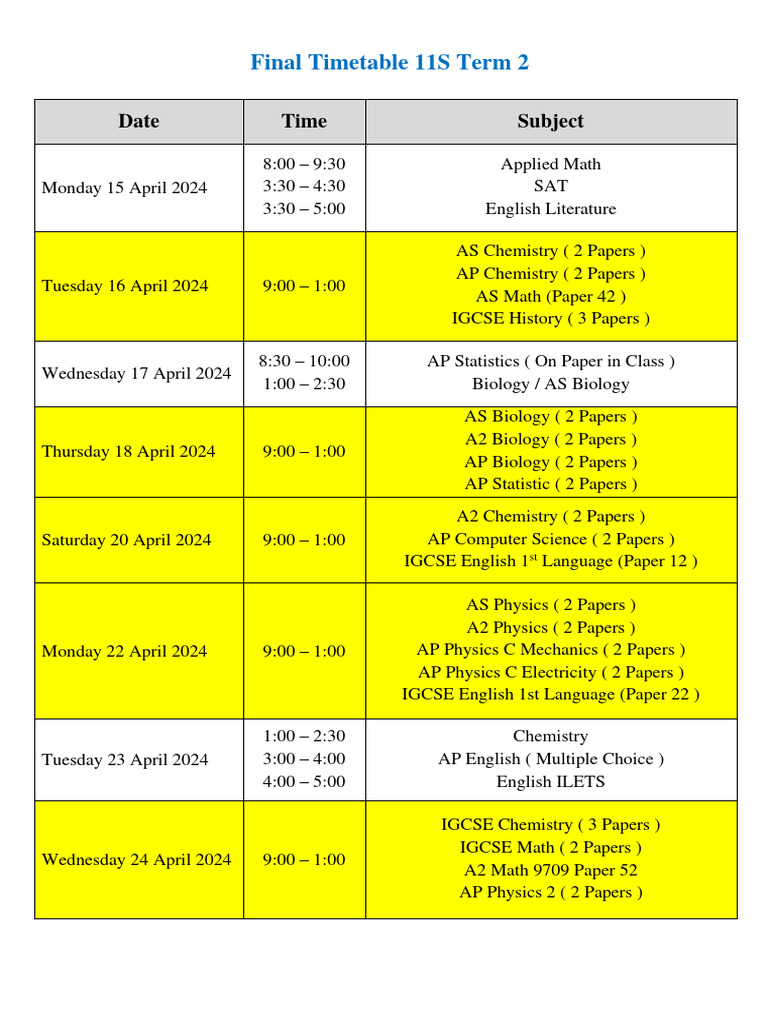 Final Timetable 11S Term 2x | PDF | Mathematics | Advanced Placement