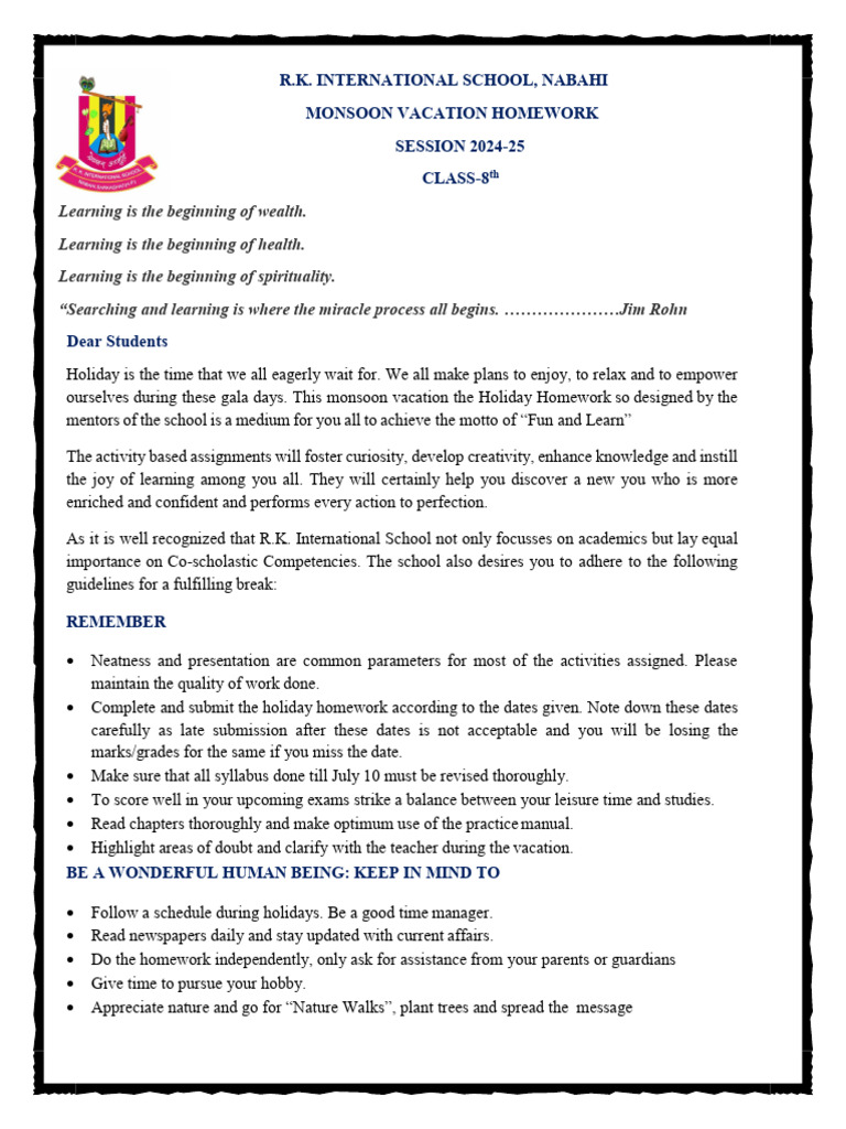 Holiday Homework 8th | PDF