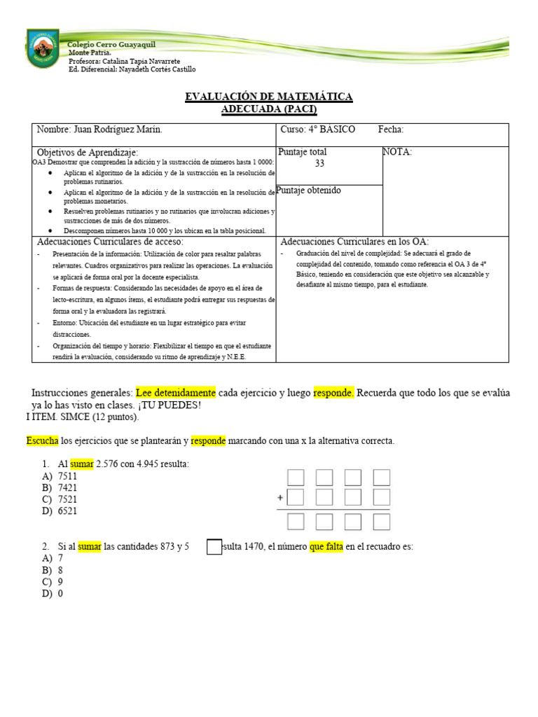 Evaluación #1 Adecuada PACI 4º Básico MATE | PDF | Matemáticas | Cognición
