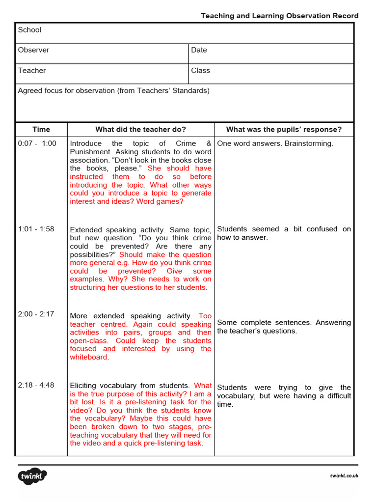 Teaching and Learning Observation Form 1 | PDF | Vocabulary | Question