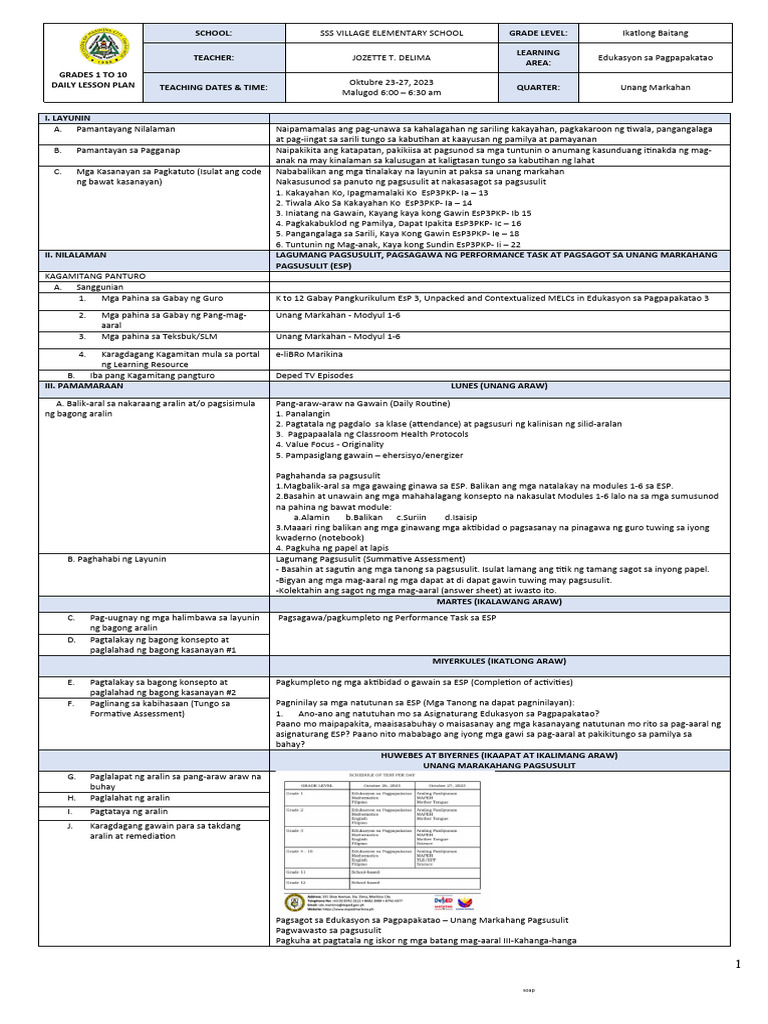 ESP 1Qtr Week9 - TDLL - SY2023 2024 | PDF