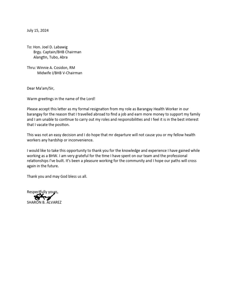 Resignation Letter from Barangay Health Worker | PDF | Self-Improvement ...