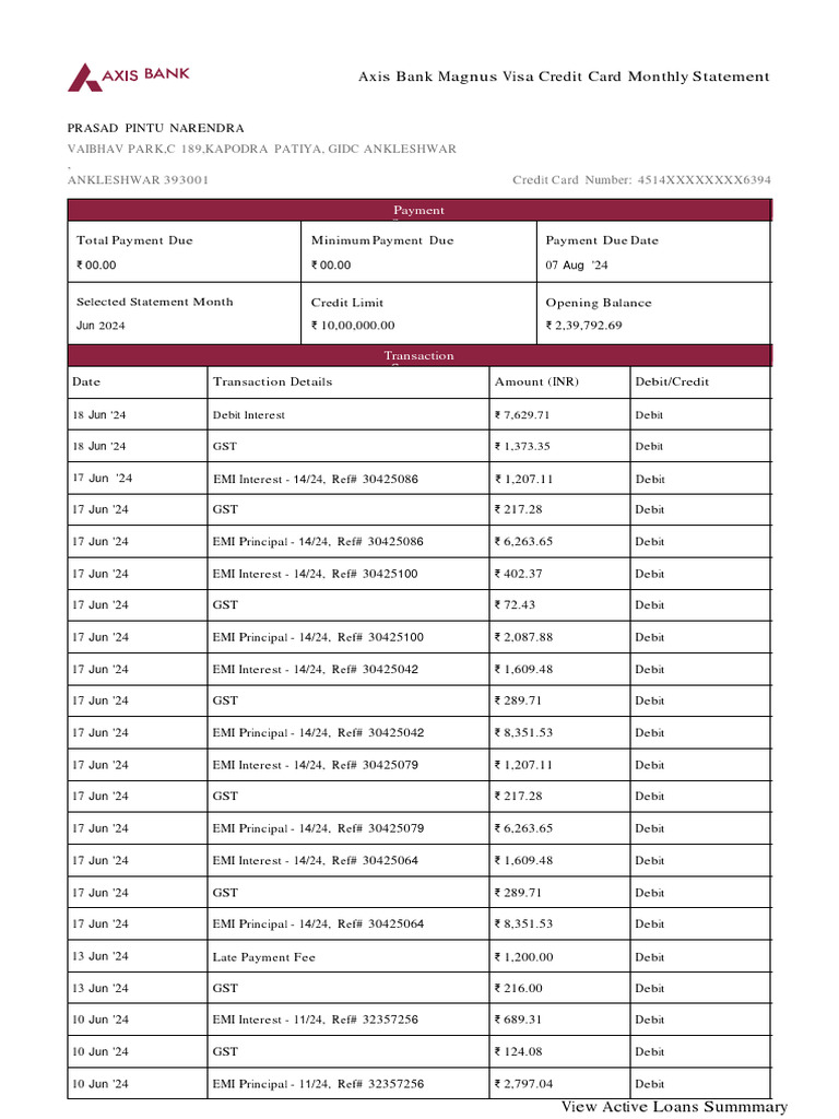 Axis Bank Magnus Visa Credit Card Monthly Statement: Prasad Pintu Narendra | PDF | Debit Card ...