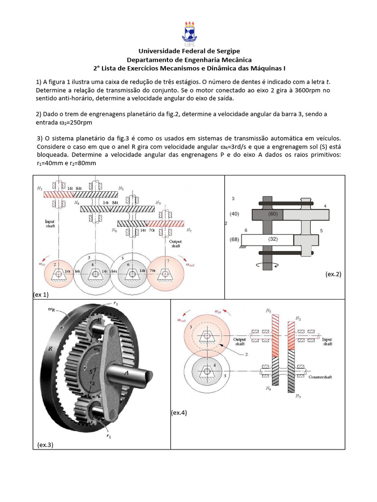 2°lista de Exercicios Mecanismos e Dinamica Das Maquinas | PDF | Engrenagem | Eixo