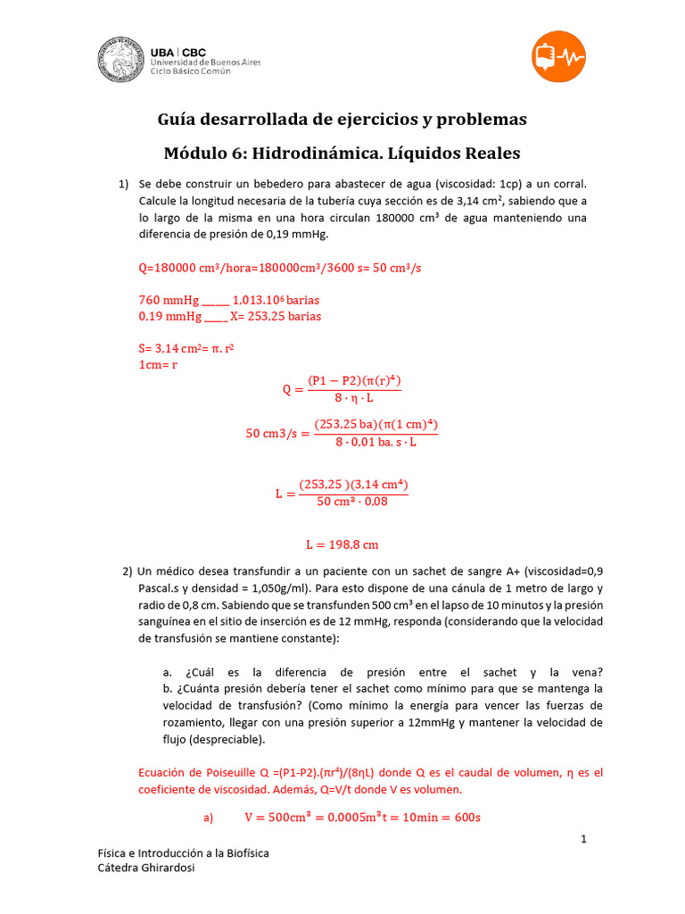 MÓDULO 6. Guía Resuelta de Ejercicios y Problemas (2024) | PDF | Mecanica clasica | Líquidos