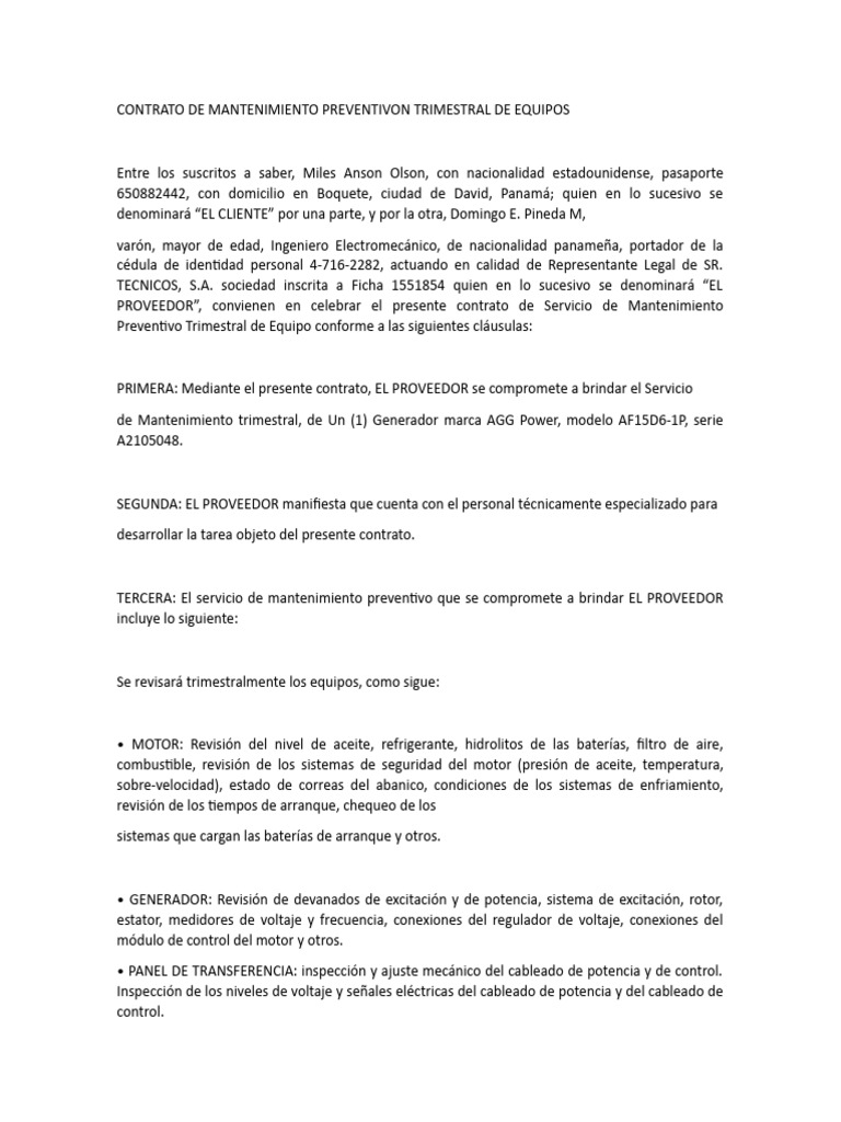 Contrato de Mant. Trimestral Miles Olson | PDF | Arbitraje | Generador ...