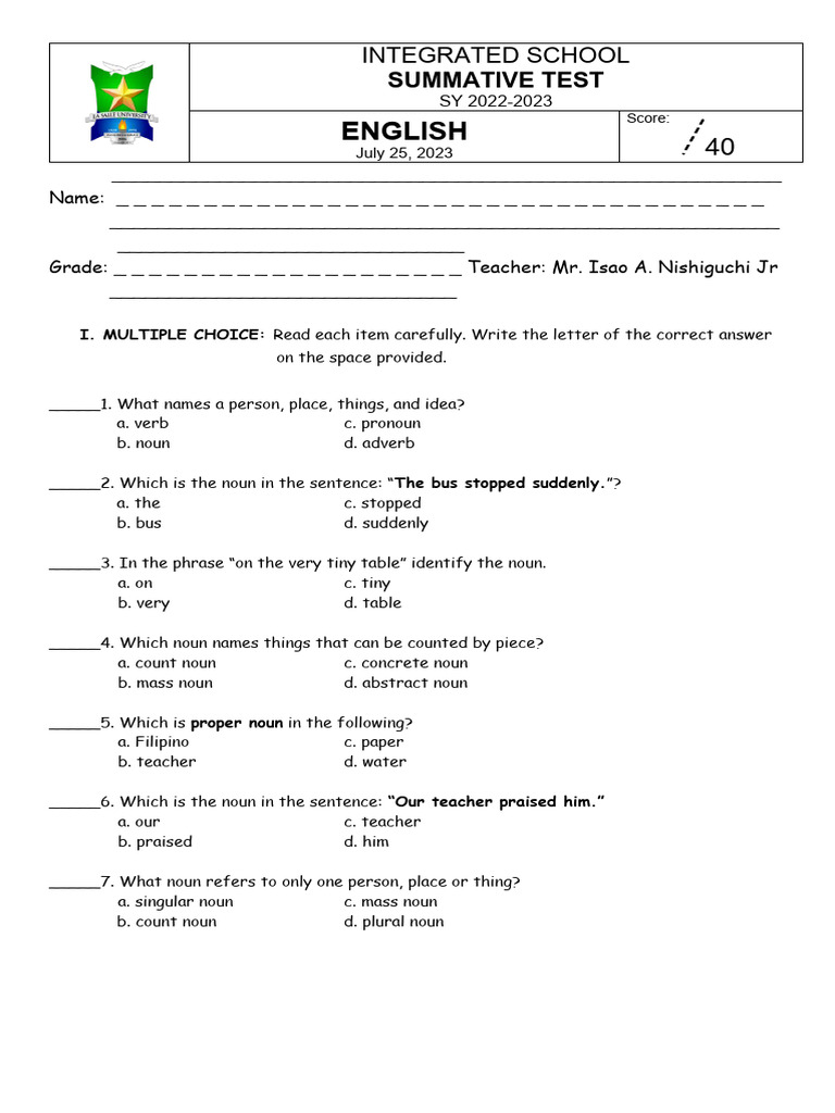 English Summative Test 2023 | PDF | Noun | Plural