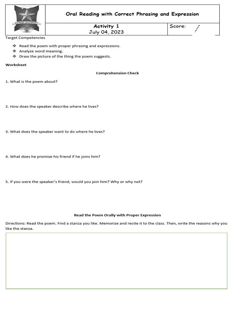 Reading G2 - Oral Reading With Correct Phrasing and Expression | PDF | Writing | Learning