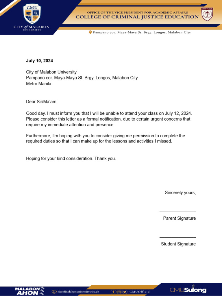 Class Absence Notification Letter | PDF