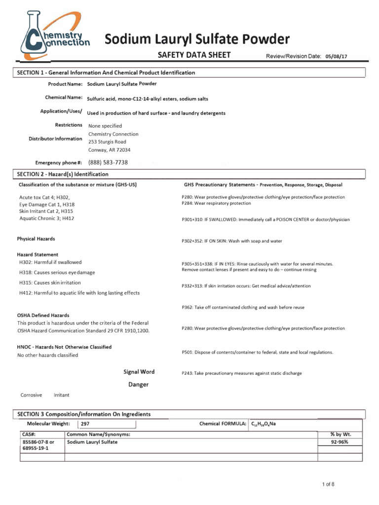 Sodium Lauryl Sulfate Powder SCS SDS CC | PDF | Dangerous Goods ...