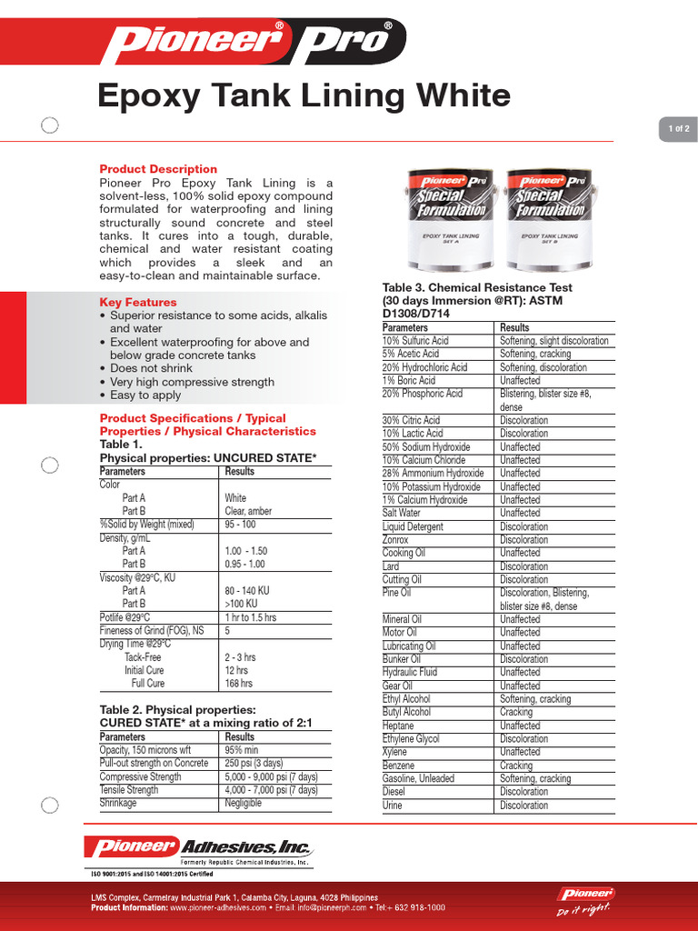 TDS - PPro Epoxy Tank Lining White - 022019 | PDF | Acid | Epoxy