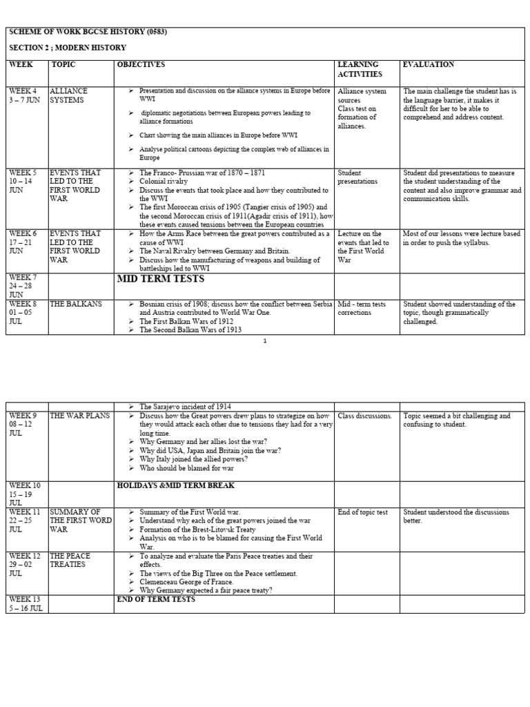 Scheme of Work Bgcse History | PDF | World War I | Allies Of World War I