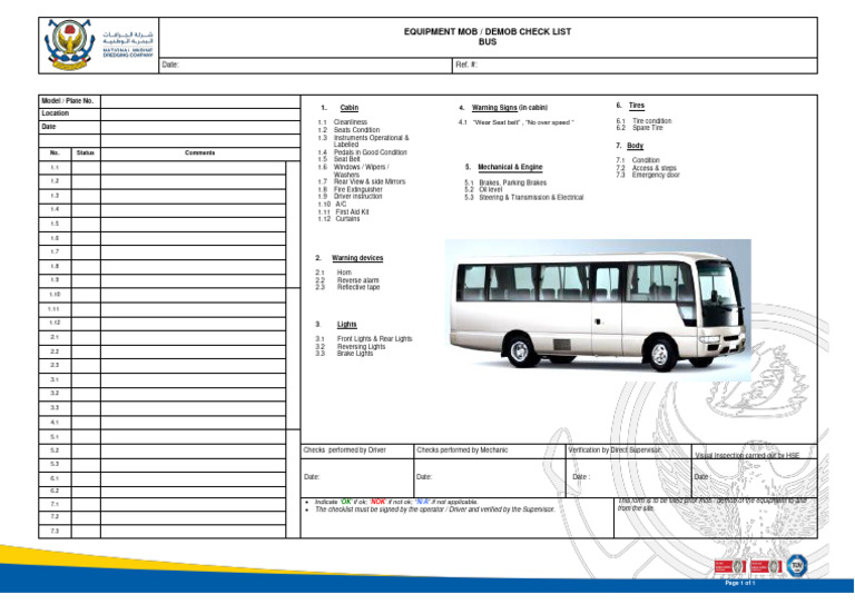 BUS Inspection Checklist | PDF | Vehicle Technology | Private Transport