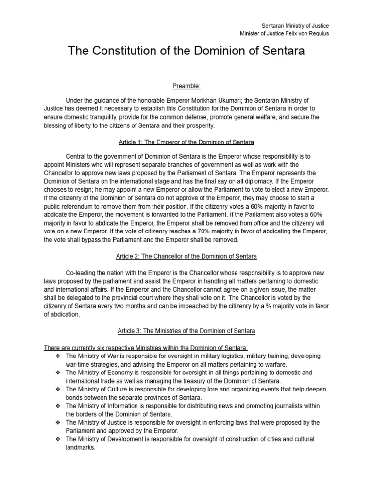 The Constitution of The Dominion of Sentara 1 | PDF | Parliament Of ...