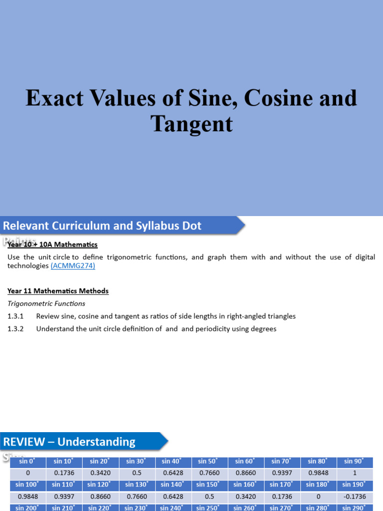 Ex 1D & 1E - Exact Values of Sine, Cosine and Tangent | PDF | Trigonometric Functions | Triangle