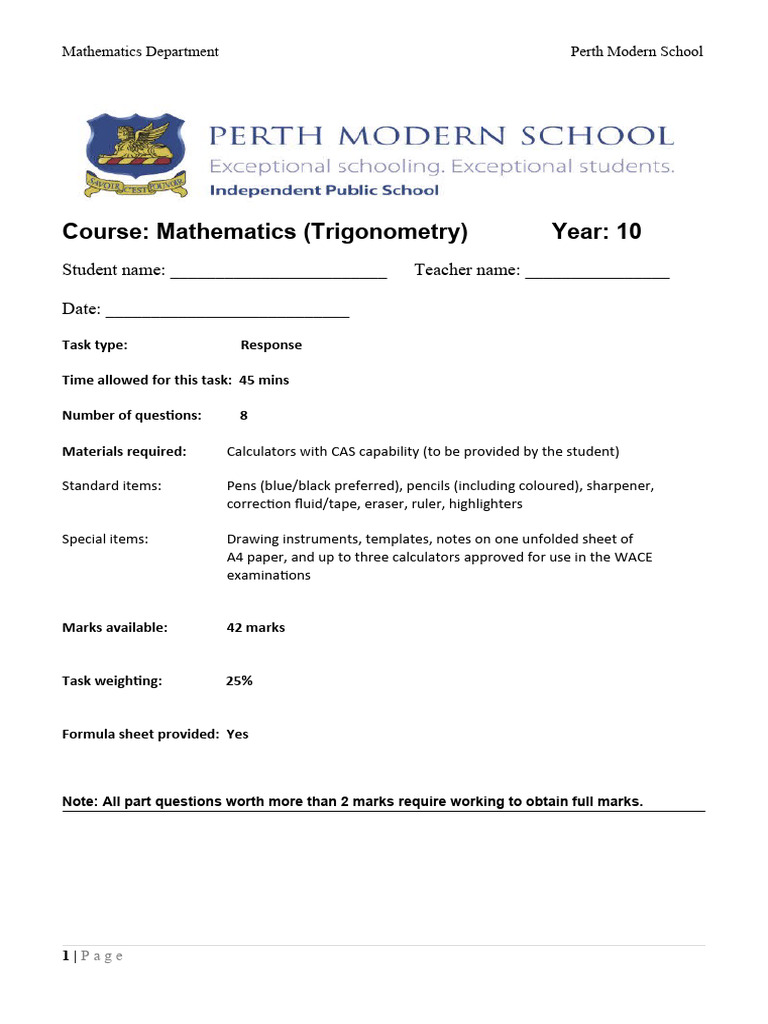 2020 Year 10 Mathematics - TEST 1 | PDF | Angle | Circle