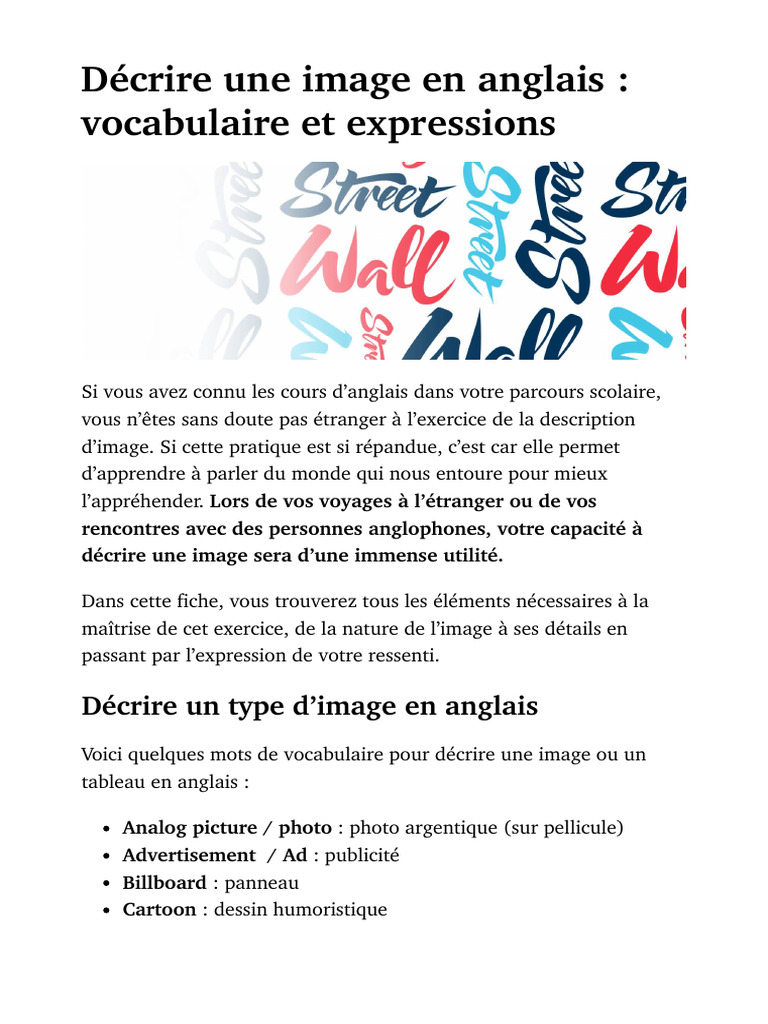 Vocabulaire pour décrire une image en anglais | PDF | Techniques ...