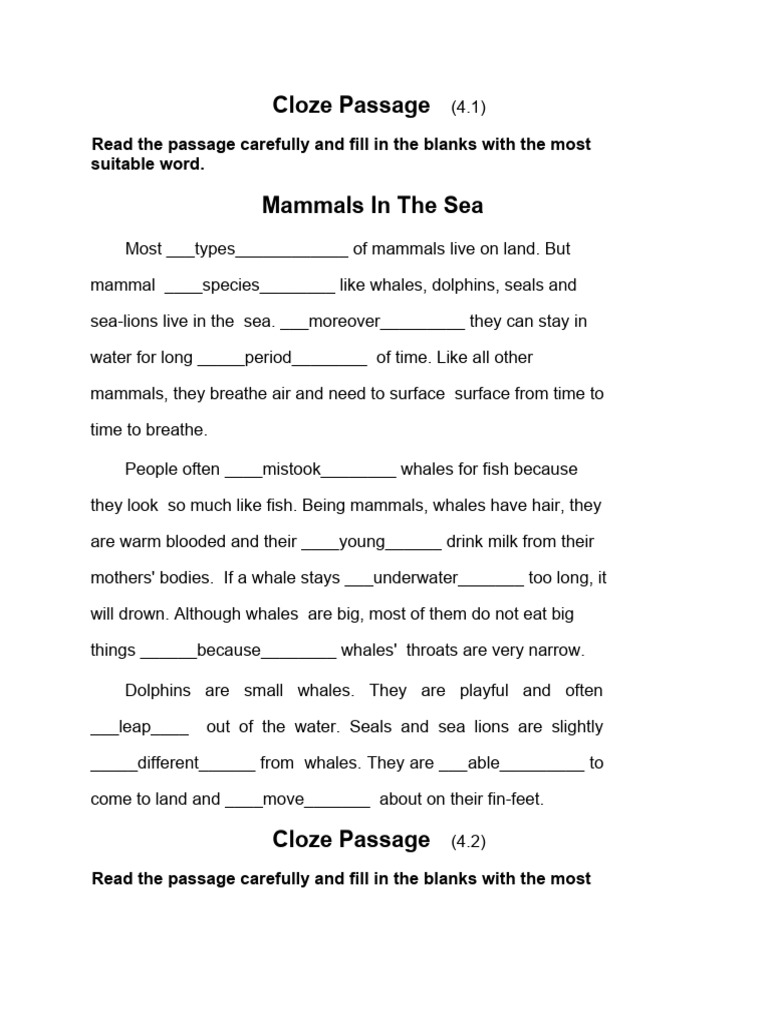 Cloze Passage Exercises | PDF | Senses | Whales