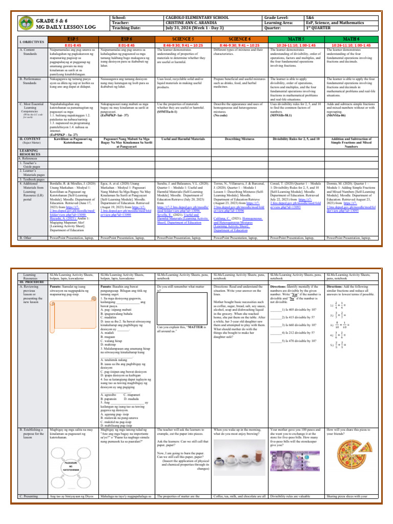 MultiGrade 5&6 DLP Q1 W1D3 | PDF | Mixture | Ductility