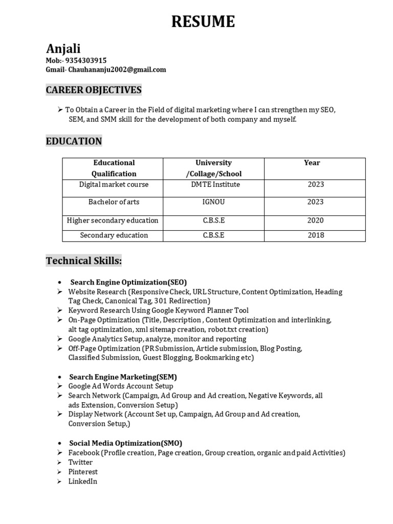 Anjali Resume | PDF | Search Engine Optimization | Search Engine Marketing