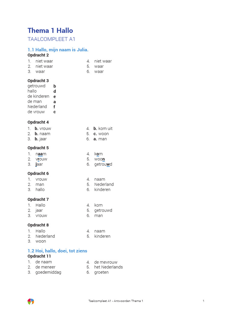 TaalCompleet A1 - Antwoorden Thema 1 - Def 2022 | PDF
