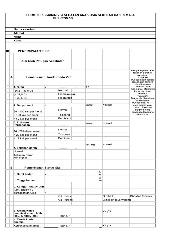 Form Skrining Kesehatan Anak Remaja | PDF