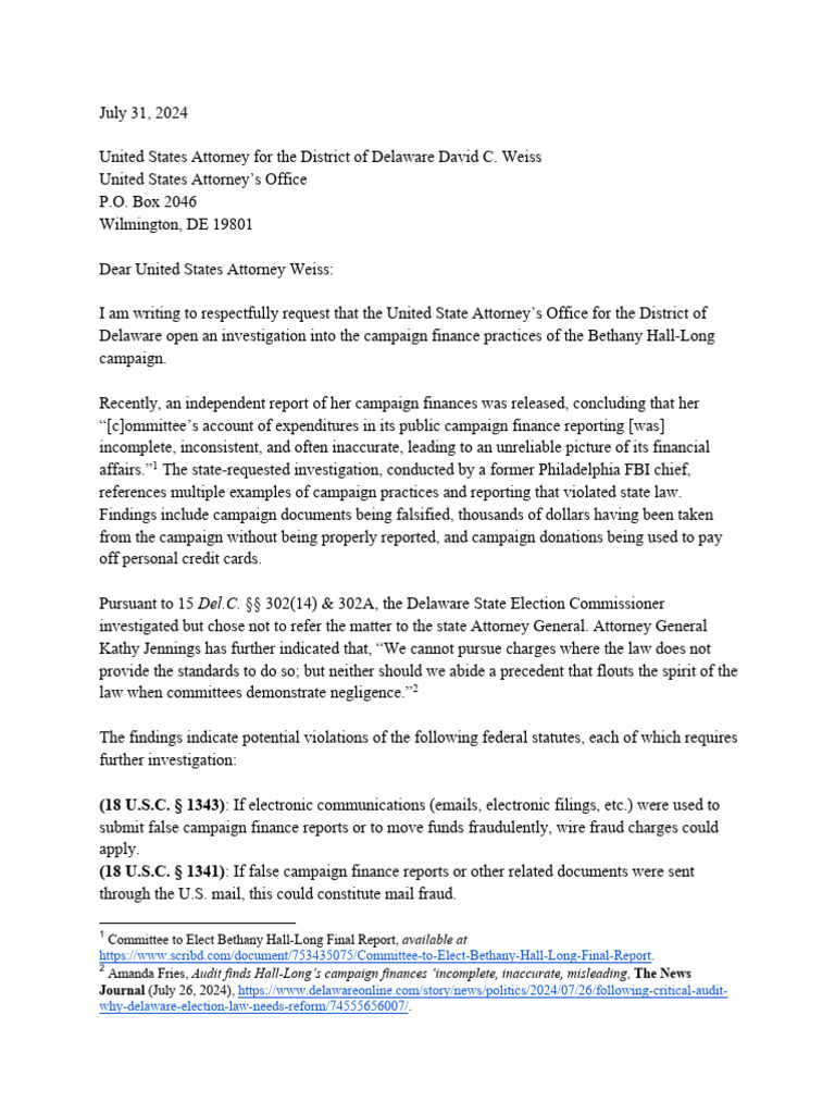 Letter To U.S. Attorney David Weiss | PDF | Title 18 Of The United ...