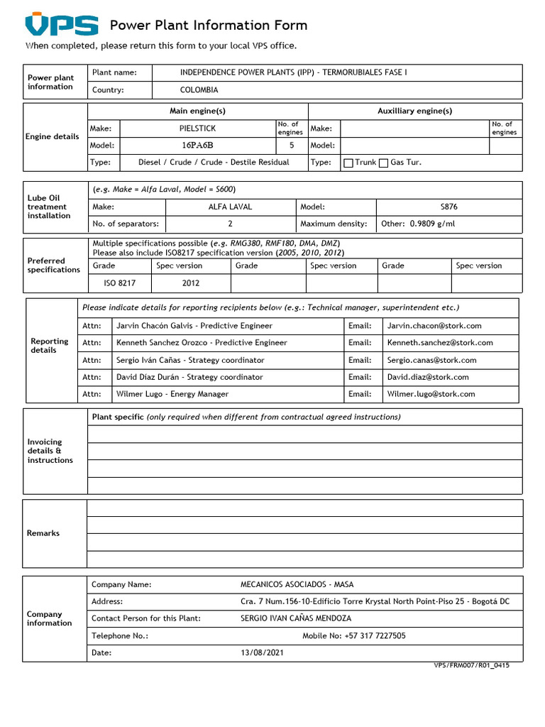 VPS Power Plant Form - Blank | PDF | Fuel Oil | Chemical Substances